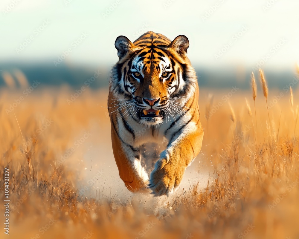 A powerful tiger sprints across golden grasslands, showcasing its ...