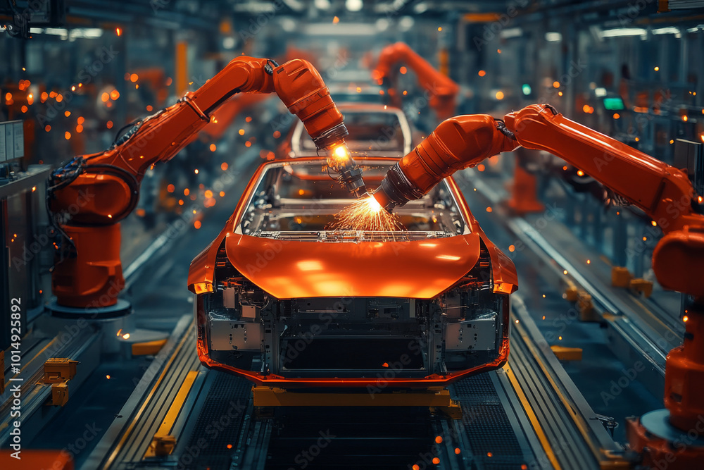 Robotic arms are actively welding and assembling vehicles in a busy ...