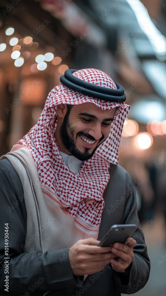 Joyful man in traditional Middle Eastern attire smiles while checking ...