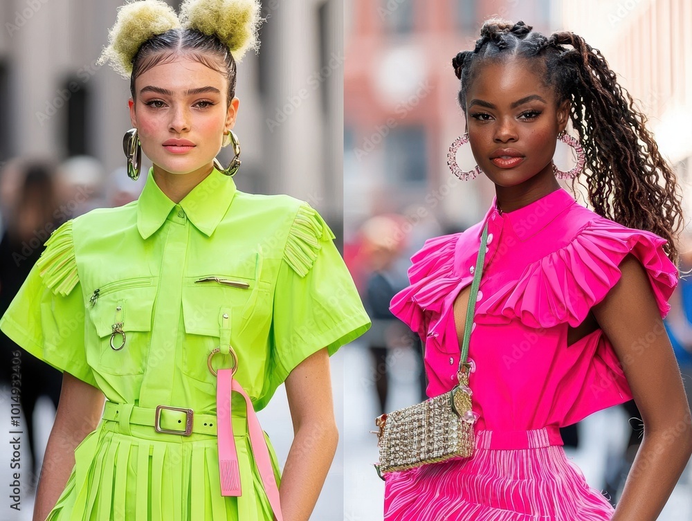 Neon green and hot pink color-blocked outfits with metallic accents ...