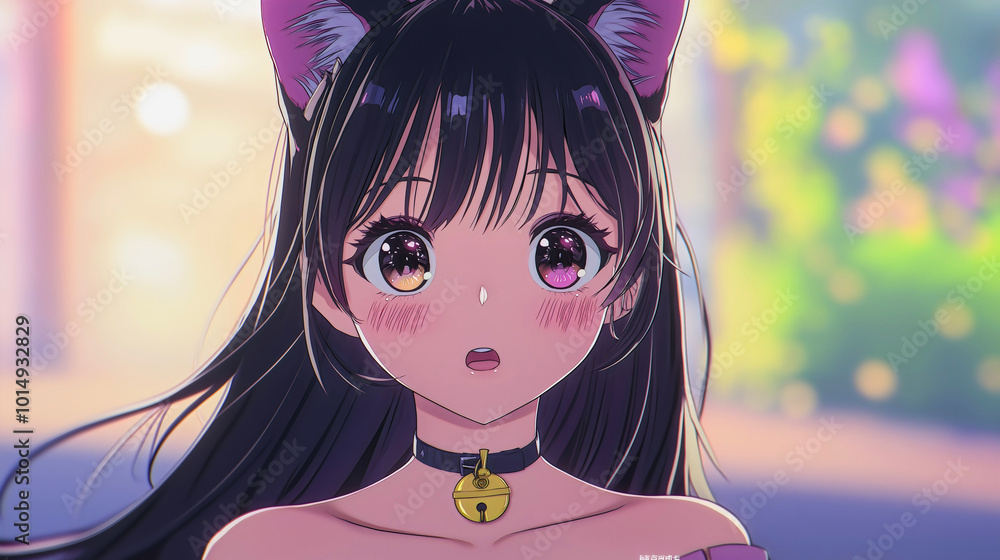 Animated cat girl in popular Japanese anime style, a girl with cat ears ...