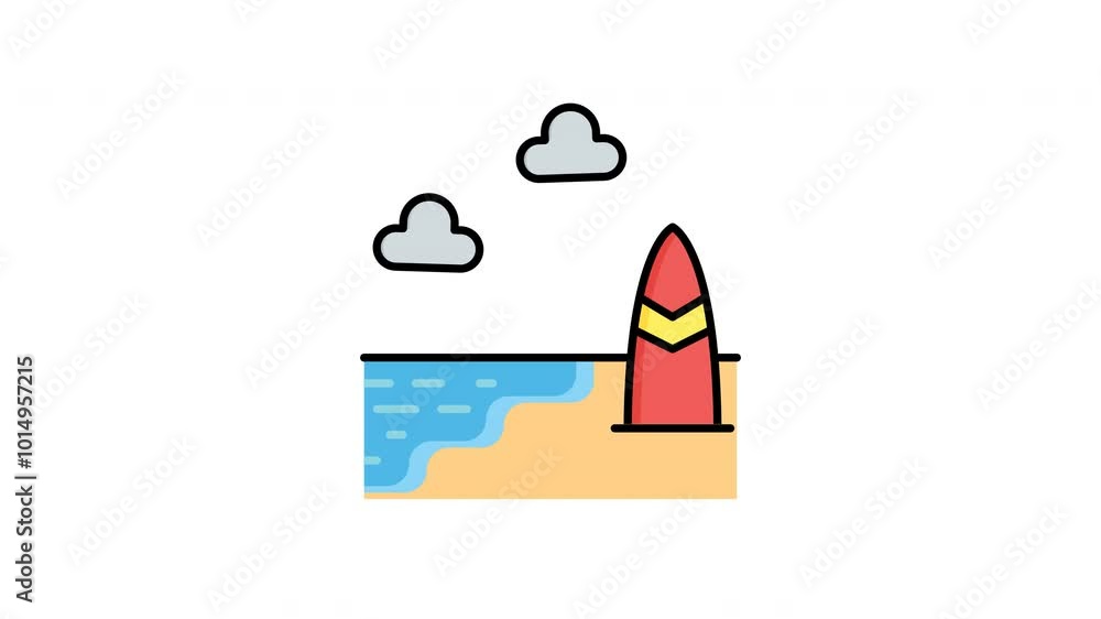 Animated beach scene with surfboard, ocean, sand, and clouds perfect ...