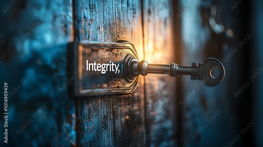 Poster Glowing Key Unlocking Door Labeled Integrity,Symbolizing Core ...
