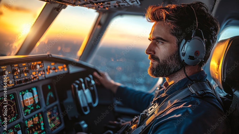 pilot in uniform adjusting the seat and harness in the cockpit of a ...