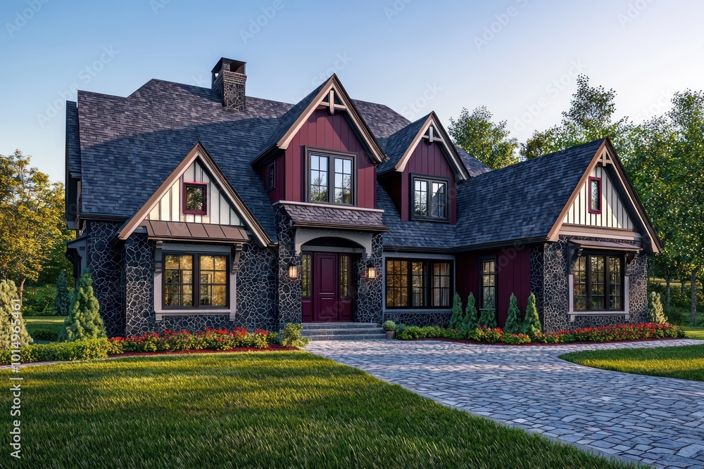 Rendering of a home exterior with classic crimson accents, traditional ...