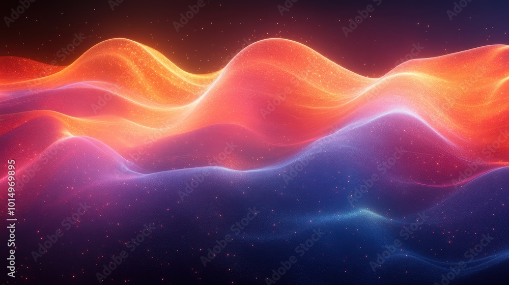 Abstract digital wave patterns in gradient colors, viewed from a side ...