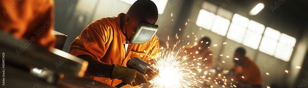Inmates welding metal in a prison workshop, sparks flying, sideangle ...
