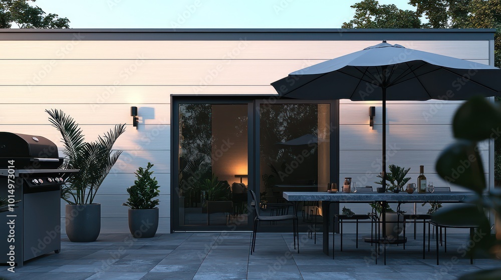 Slate house with graphite vinyl siding, a modern minimalist patio with ...