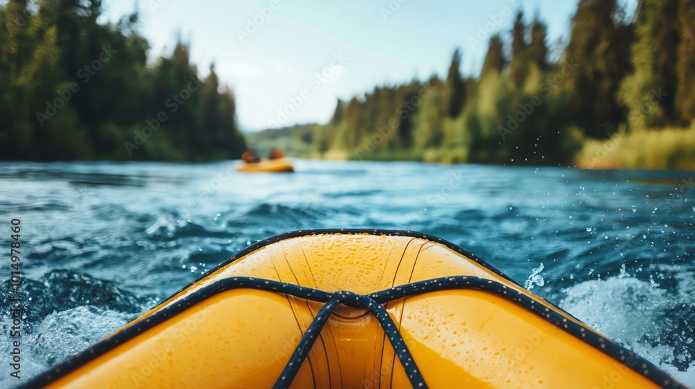 Raft riding over huge rapids in a river, water splashing high, lowangle ...