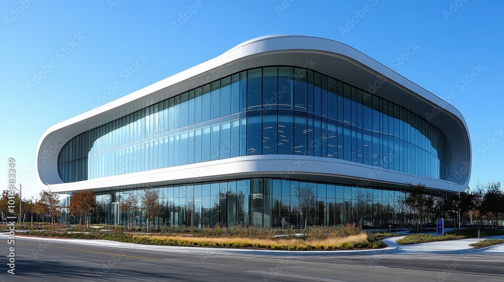 Modern architectural building with clean lines, positioned from a ...