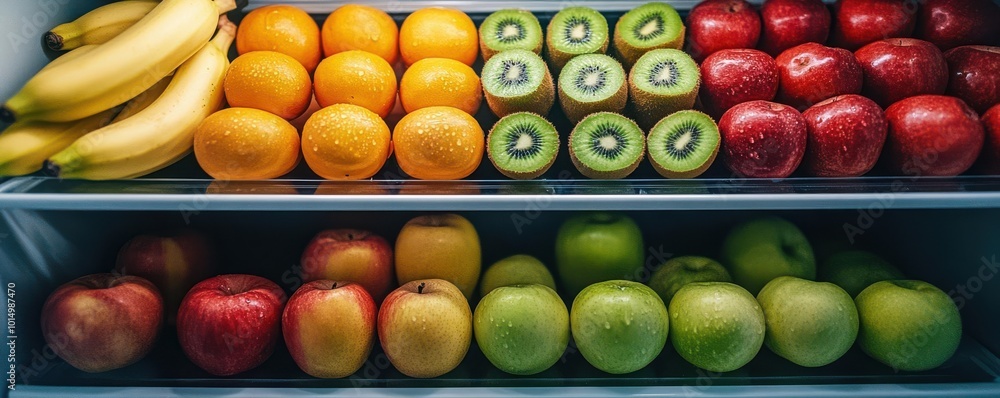 Topdown view of refrigerator shelves filled with cold fruits, vibrant ...