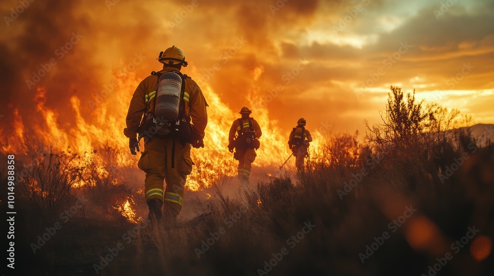 Firefighters working in uniform to contain a wildfire, showcasing their ...