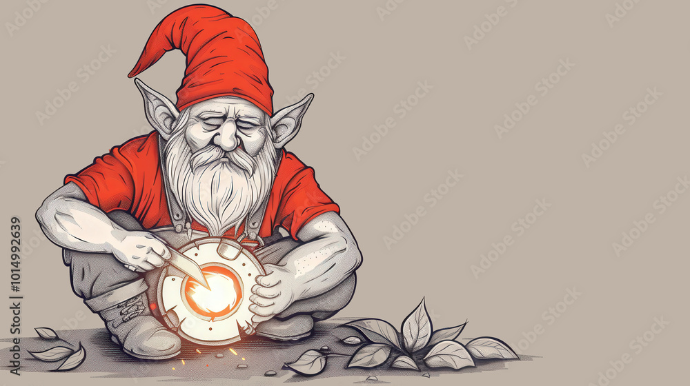 Gnome Blacksmith Crafting Horseshoe, intricate line art depicting a ...