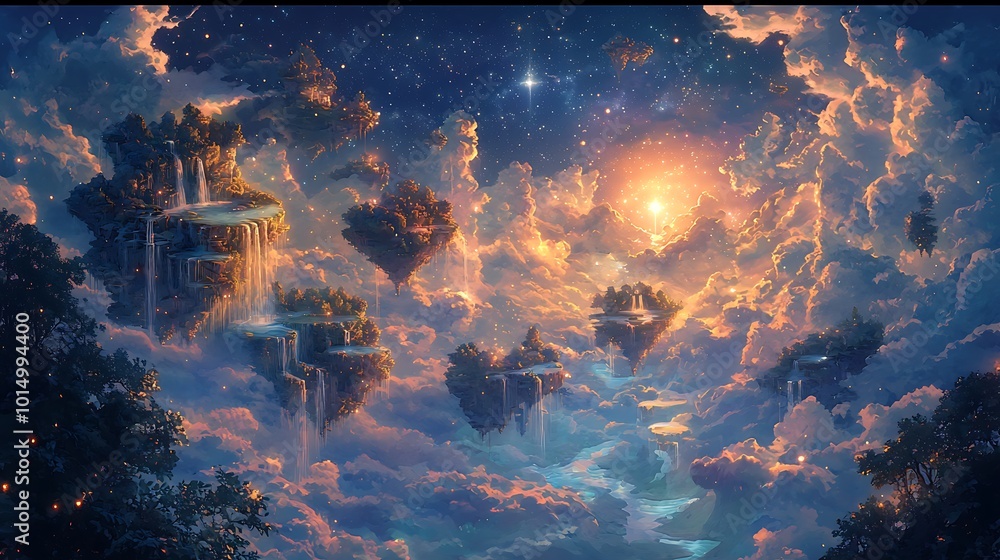 Fantasy Sky Islands with Waterfalls Clouds Stars and Sunset Stock ...
