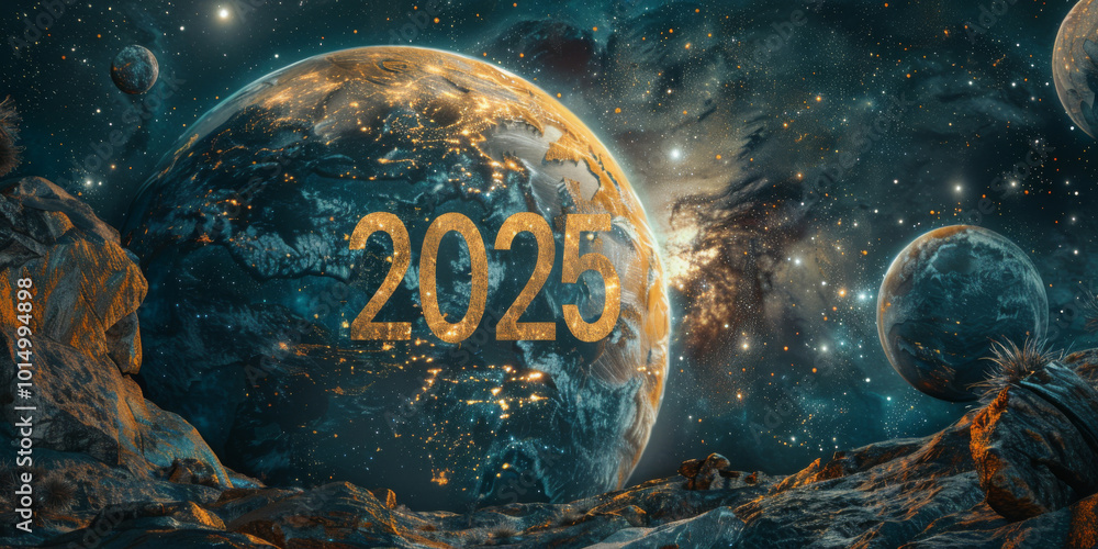 Planetary landscape with the Golden year 2025 in space theme Ney Year ...