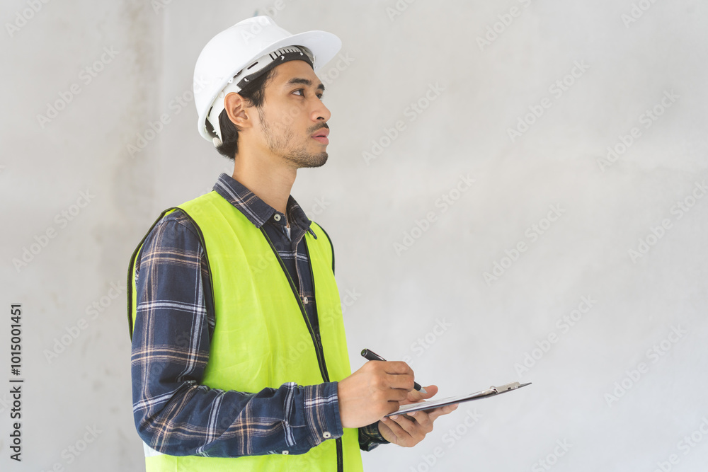 Building inspection asian contractor young man, male inspecting home ...