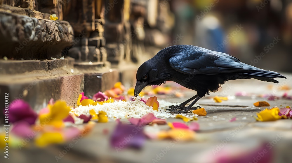 Black crow eating rice and flowers in an ash tray at Ram Mandir, the ...