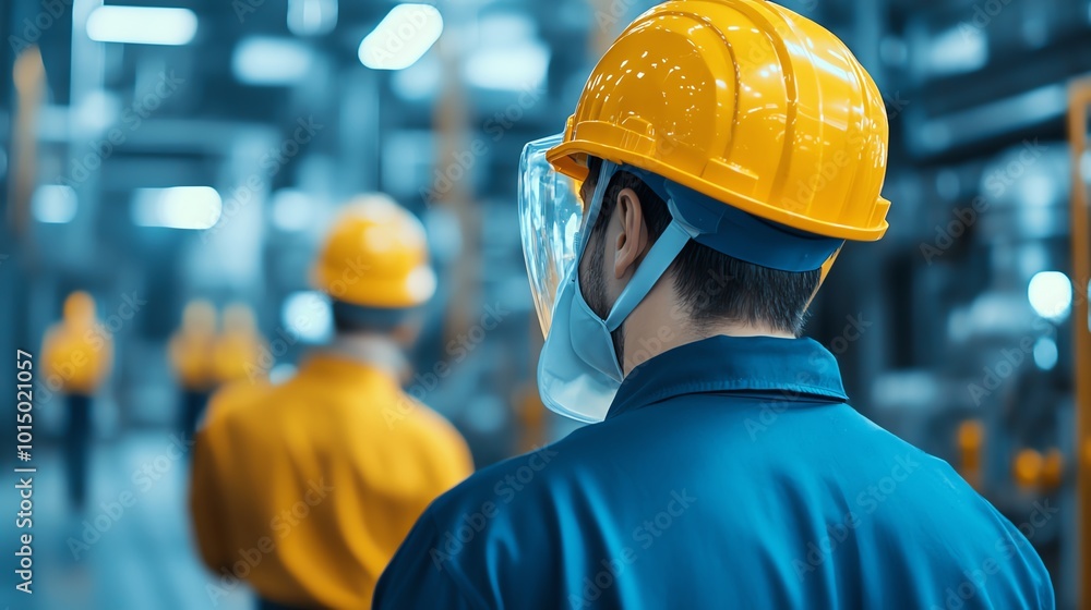 Workers wearing protective gear as they operate machines in a chemical ...