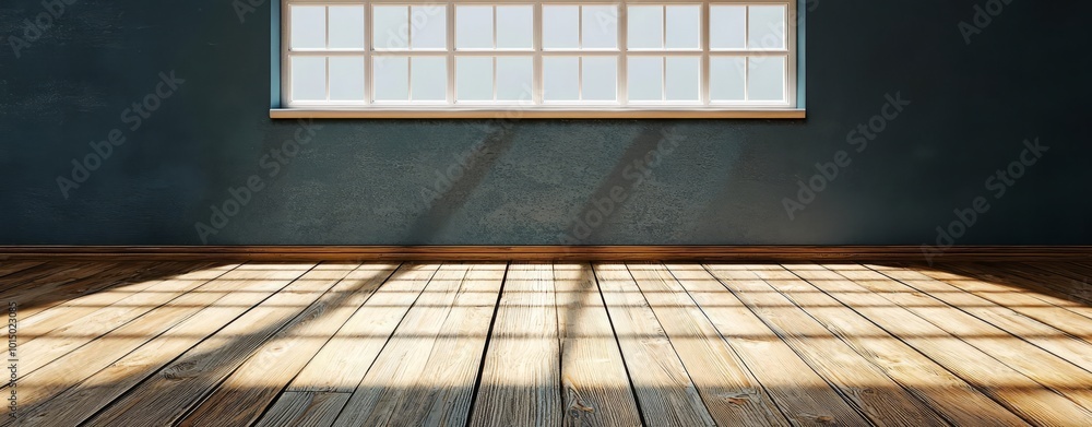 Wide-angle view of an empty room with dark navy walls and rustic wooden ...