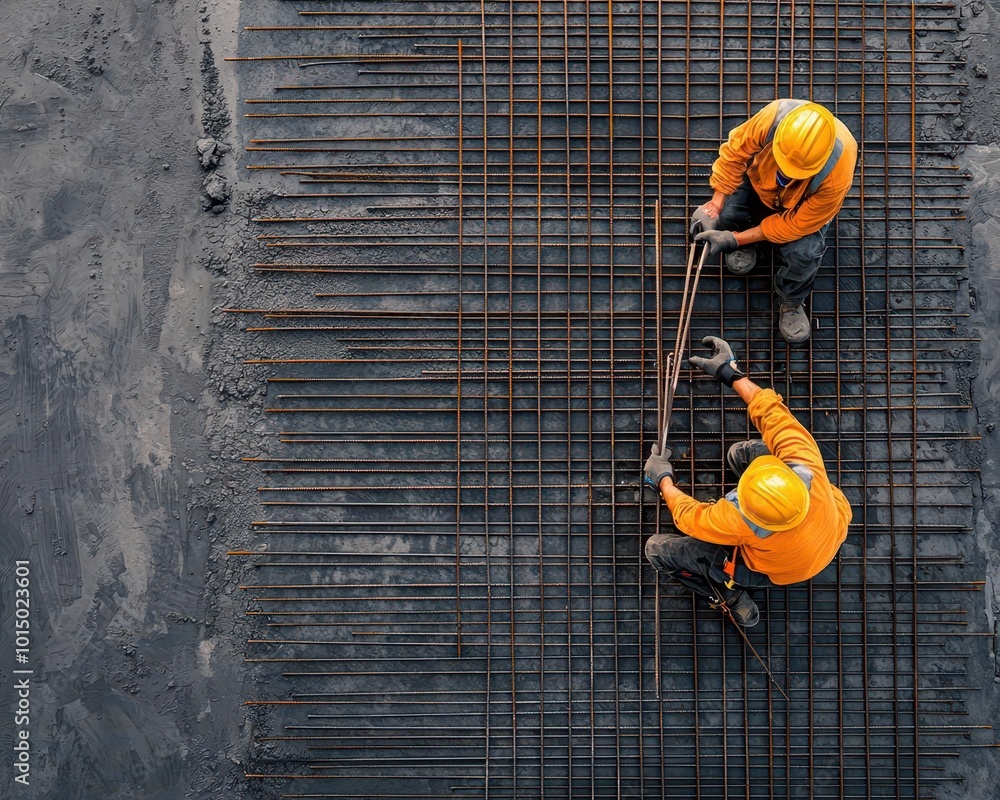 Construction team laying rebar framework for concrete slab foundation ...
