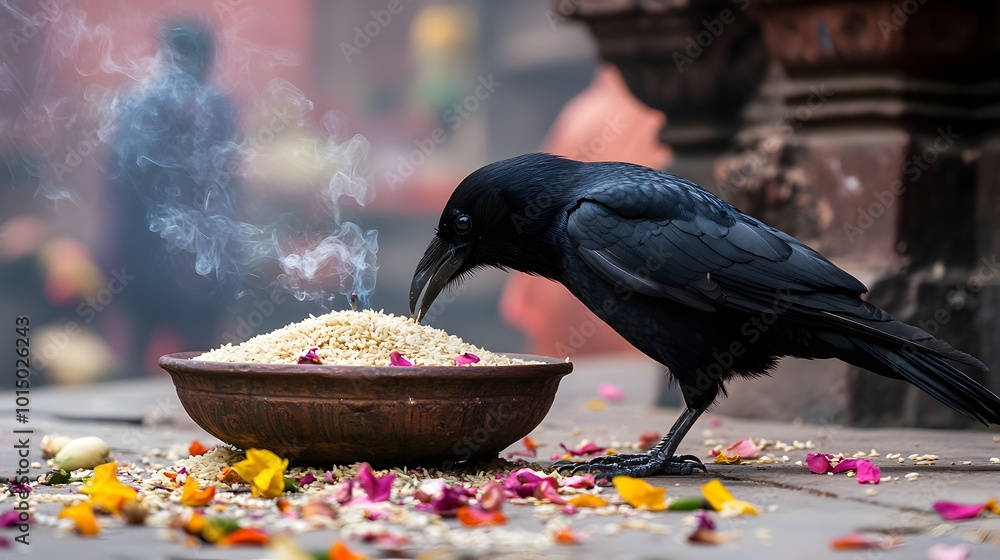 Black crow eating rice and flowers in an ash tray at Ram Mandir, the ...