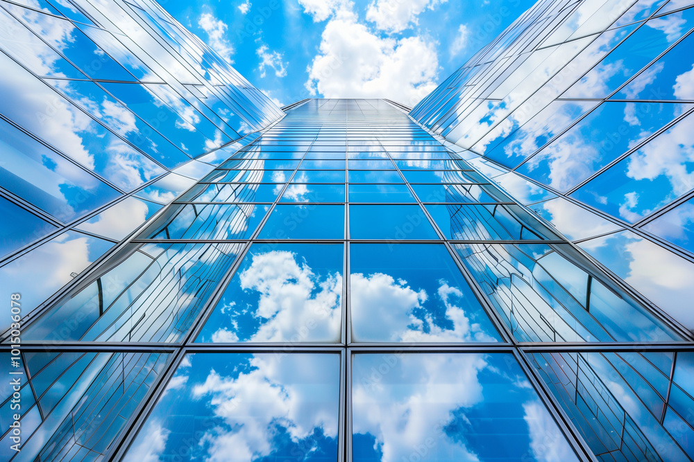 Reflective skyscrapers, business office buildings. Low angle ...