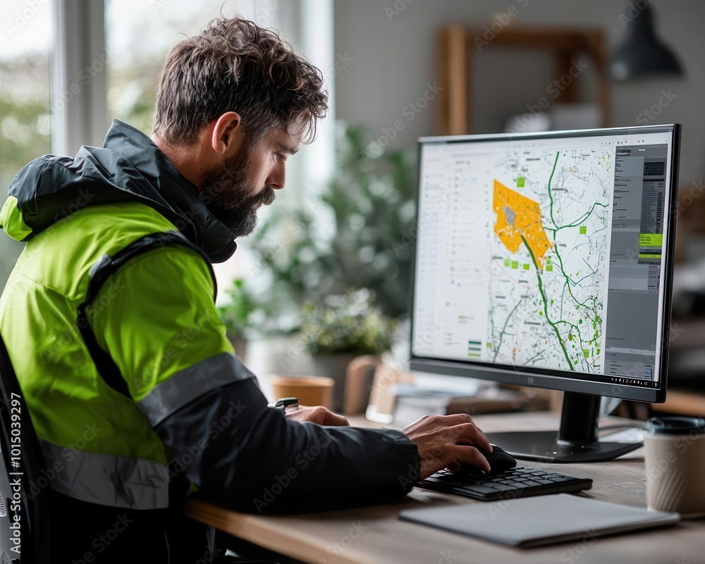 Engineer reviewing flood risk assessment maps on a computer ...