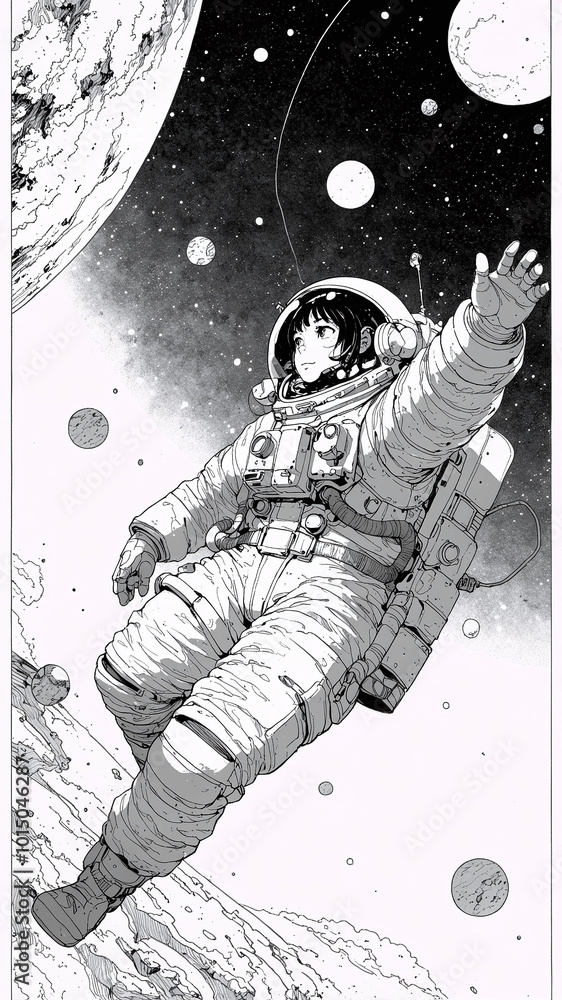 anime character in a spacesuit floating in outer space, with planets ...