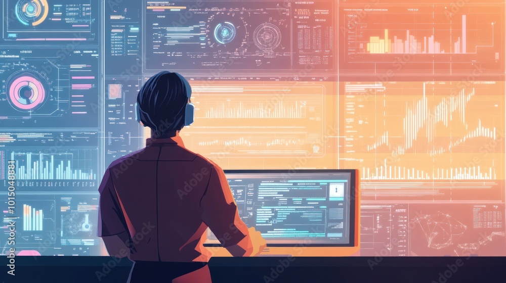 A business executive overseeing automated data analytics processes with ...