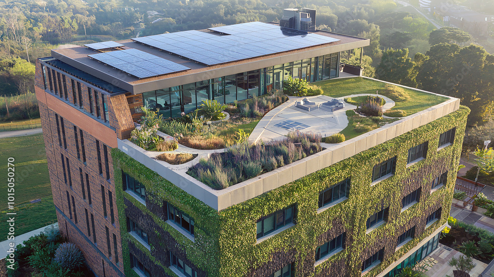 Eco-friendly building with green roof and solar panels. Sustainable ...