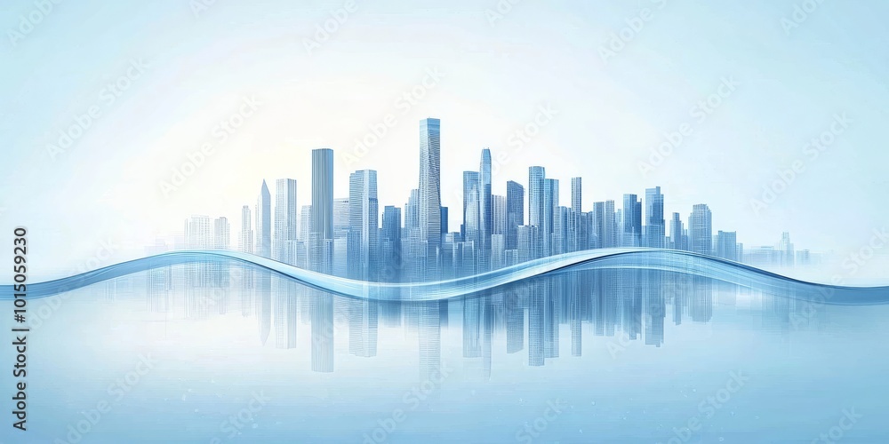 vector illustration of city skyline, light blue and white color palette ...