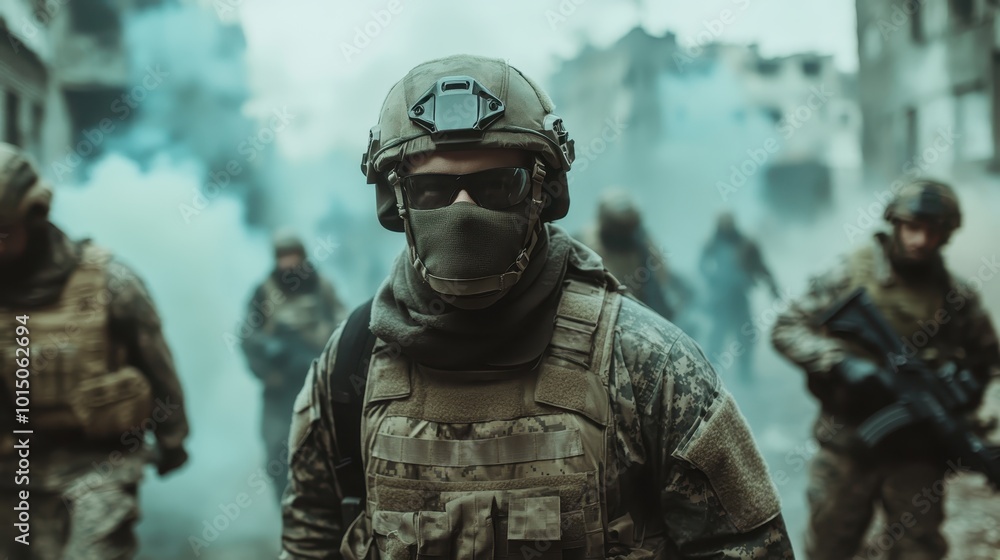 Tactical soldiers in combat gear move through a dense, smoke-filled urban environment, exuding ...