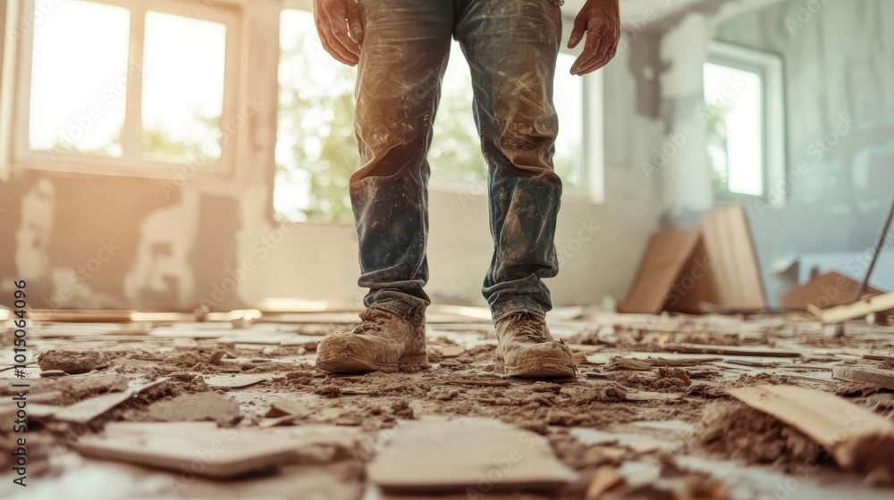 Construction worker standing on a dusty, rubble-laden floor of a ...