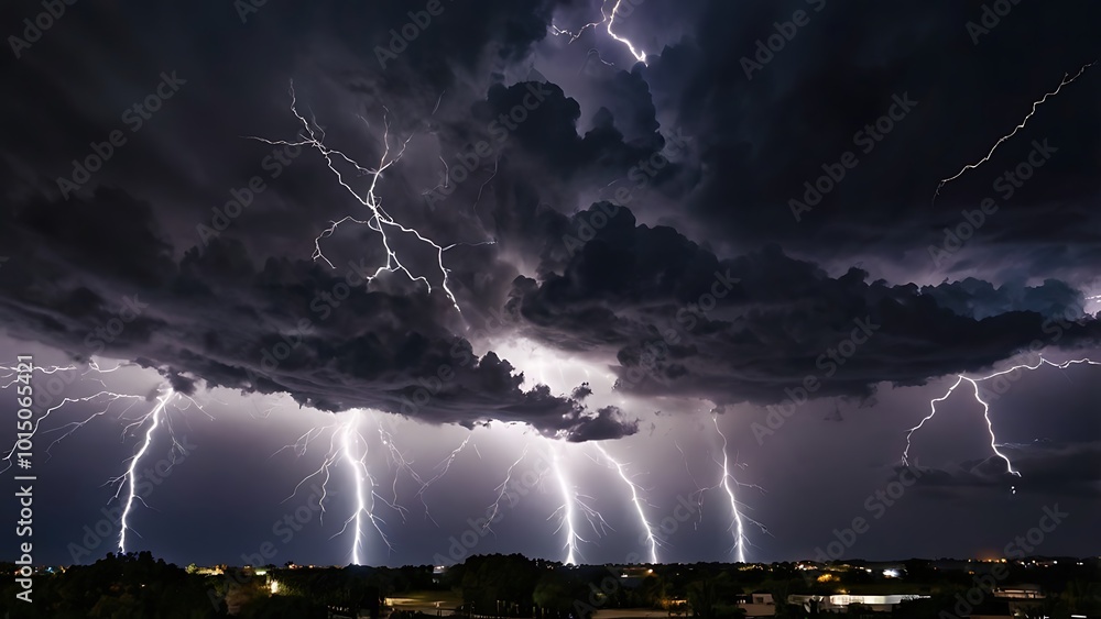 Electric lightning bolts cutting across a dark sky, with intense light ...