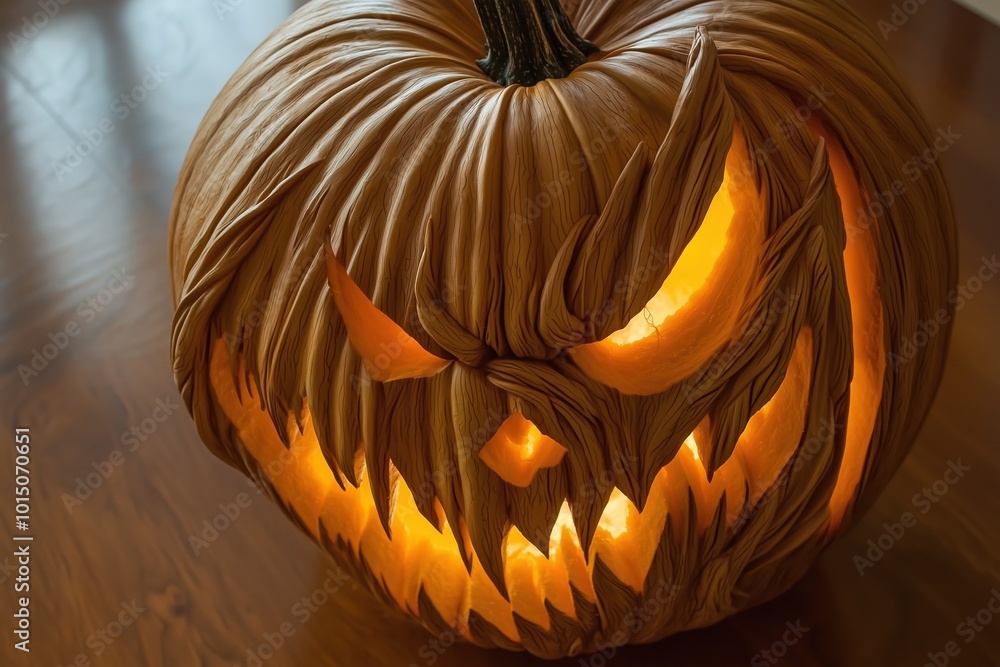 Top-down angled closeup on the spooky pumpkin jack-o-lantern with a ...