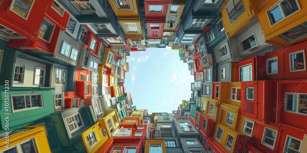 C4D style, clear sky, many modern city buildings, round, long focal ...