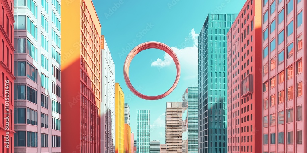 C4D style, clear sky, many modern city buildings, round, long focal ...