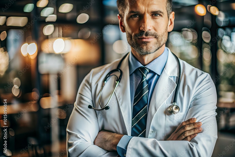 Confident male doctor wearing a white coat, a stethoscope around his ...