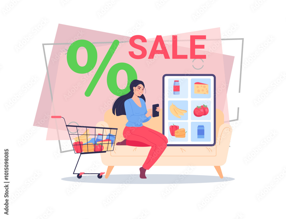 Shopping cart near girl ordering food via mobile app. Tablet on sofa ...