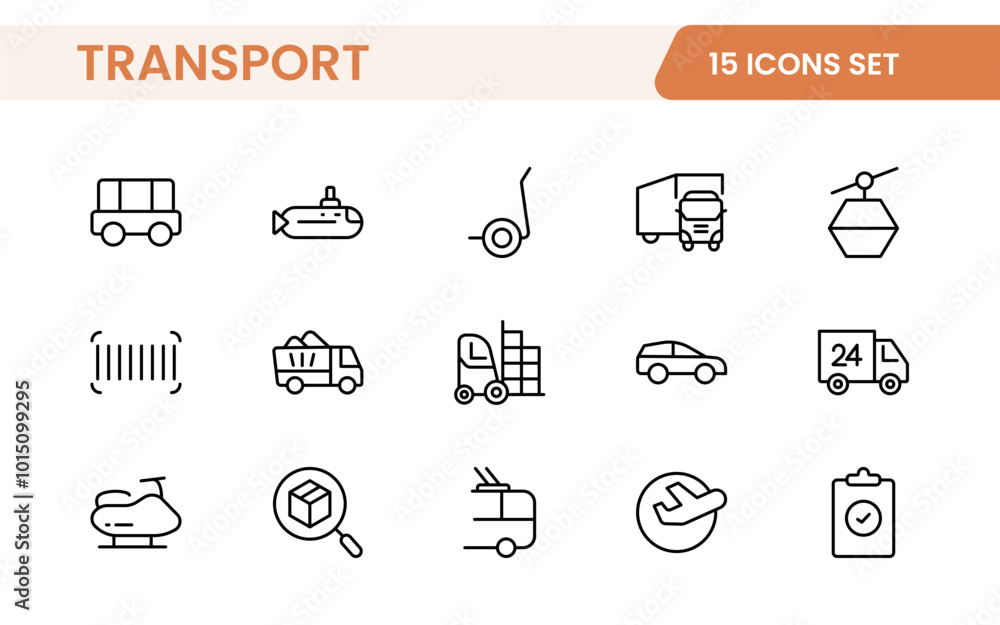 Transport icon set. Containing distribution, shipping, transportation, delivery, cargo, freight ...