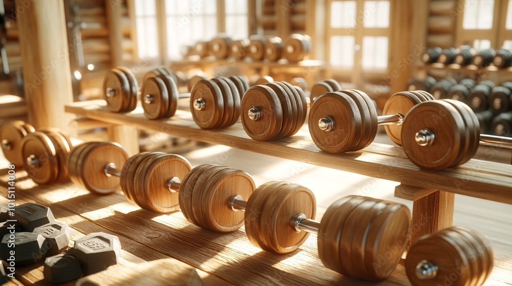 Rustic gym with polished, vintage wooden weightlifting gear ...