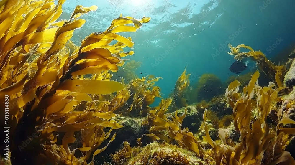 A surreal underwater forest of giant kelp reaching towards the sunlight ...