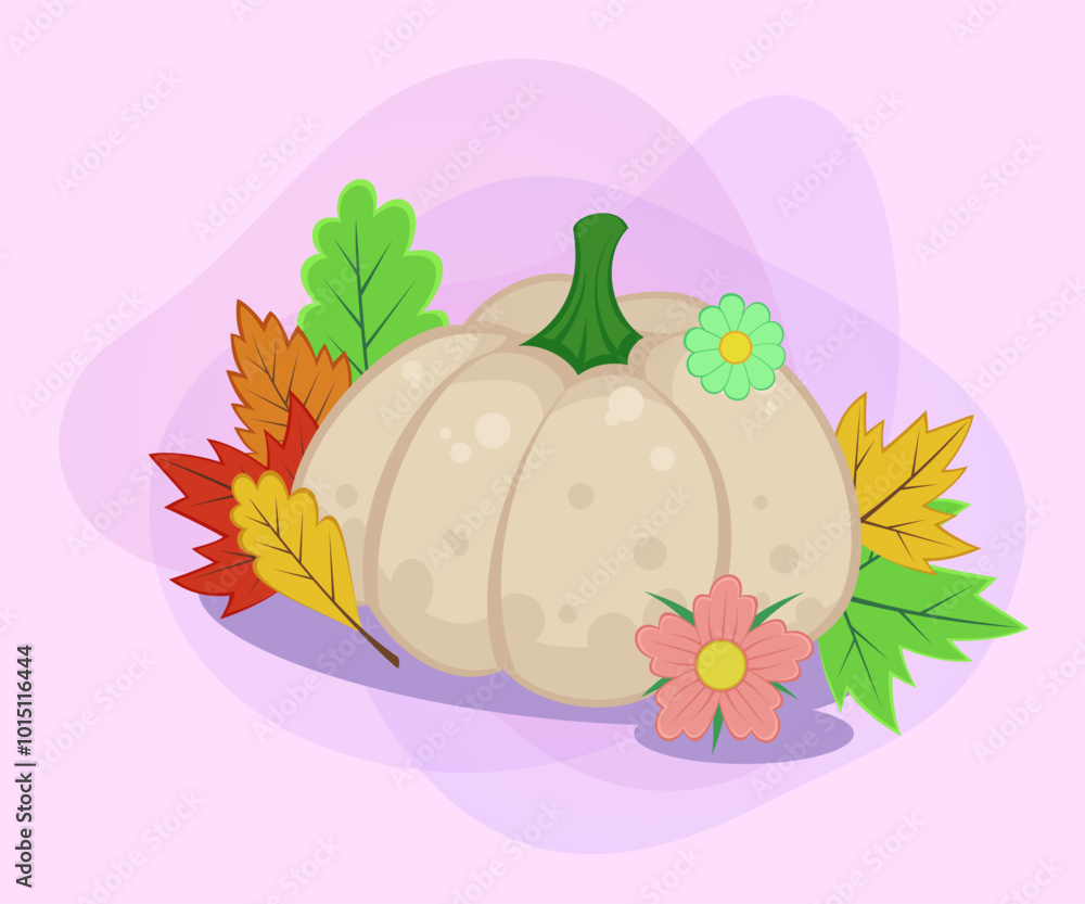 Hubbard squash with autumn leaves and flowers vector illustration ...