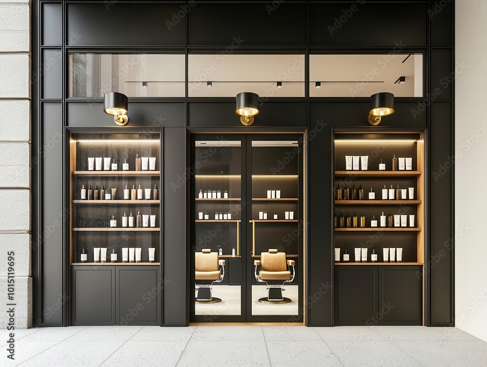 High-end barber shop exterior with dark marble walls, gold accents, and ...