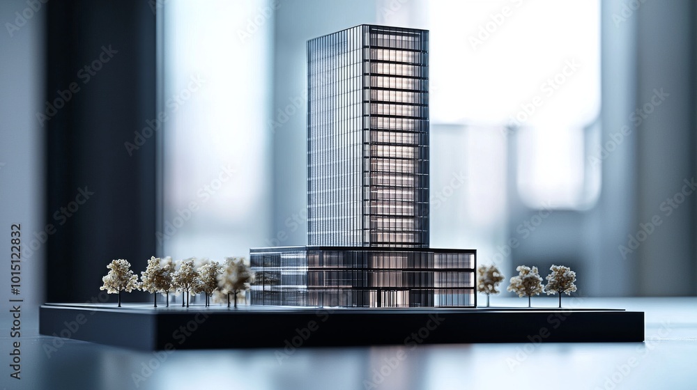 A detailed scale model of a corporate skyscraper, showcasing its modern ...