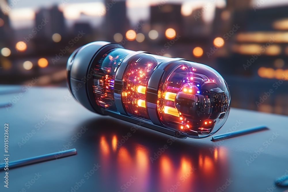 Futuristic capsule that transforms into a glowing drink, offering ...