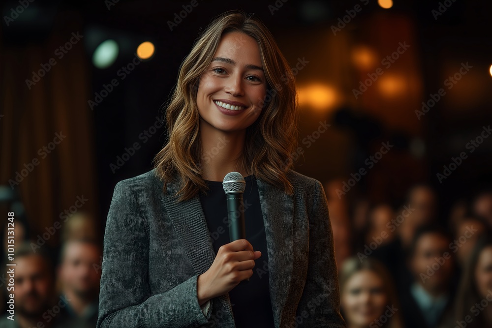 Beautiful smiling business woman holding microphone and speaking to ...