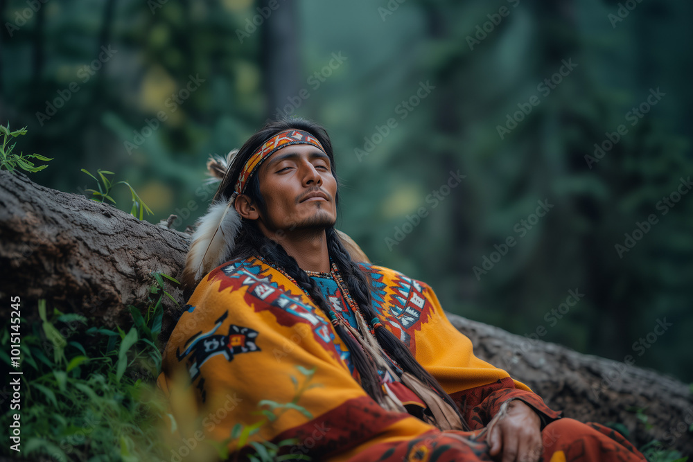 Native American Man Resting Against a Tree in a Forest, Wearing ...