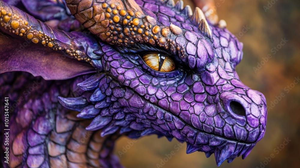 A close-up of a vibrant purple dragon mask, with intricate details in ...
