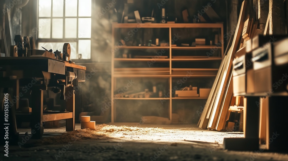 Old traditional carpenter workshop with hand tools on workbench is ...